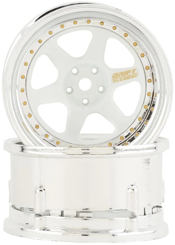 DS Racing Drift Element 6 Spoke Drift Wheels (White & Chrome w/Gold Ri ...